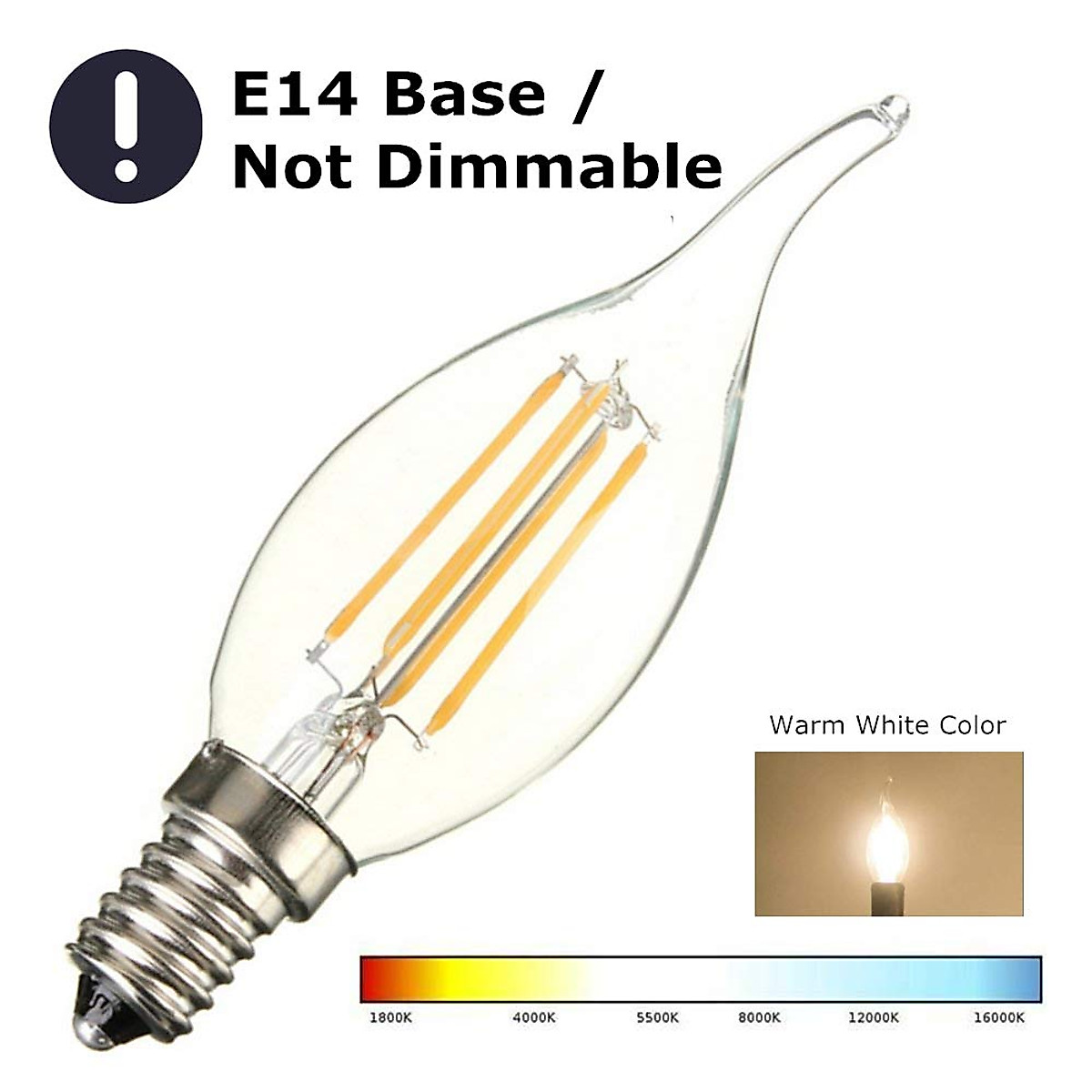 E14 Base LED Light Bulbs 4W CA11 Antique Candelabra Filament Candle Lamp Bulb, Energy Saving Warm White 2700K Vintage Style Flame Shape Bent Tip Bulb (10 Pack)