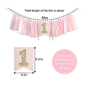 WAOUH Pink Highchair Banner - High chair Banner Decoration for First/1st Birthday, Cake Smash Photo Prop, Baby Girl Shower Anniversary Party, Gold one Birthday Sign.