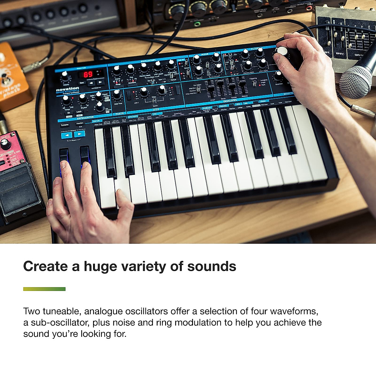 Novation Bass Station II Analog Monosynth – includes 64 factory patches, pattern-based step sequencer and arpeggiator, two oscillators plus an additional sub oscillator.