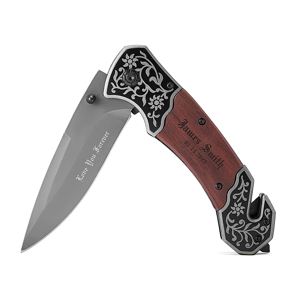 Personalized Engraved Pocket Folding Knife for Boyfriend Husband Dad Son - Valentines Birthday Christmas Anniversary Fathers Day Graduation Gift - Custom Men Fishing Hunting Knives with Wood Box