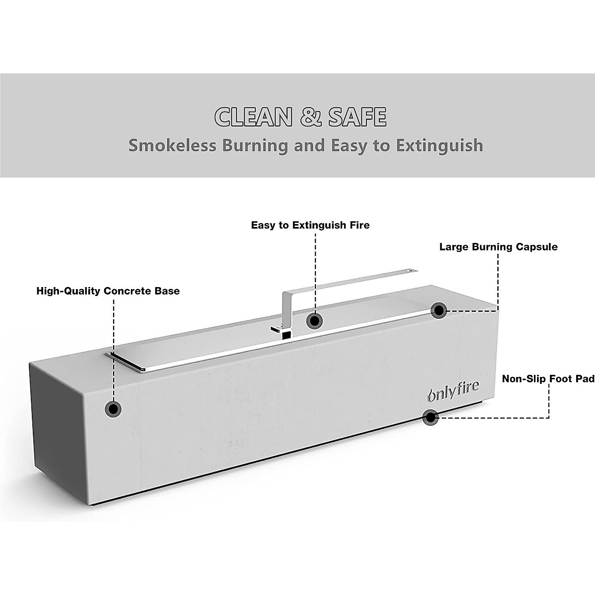 Onlyfire Tabletop Fire Pit with Extinguisher & Wool Wick, 18” Smokeless Portable Fireplace Clean Burning, Concrete Fireplace for Indoor & Outdoor, S’More Maker, Home Decor Gift, Rectangular, White