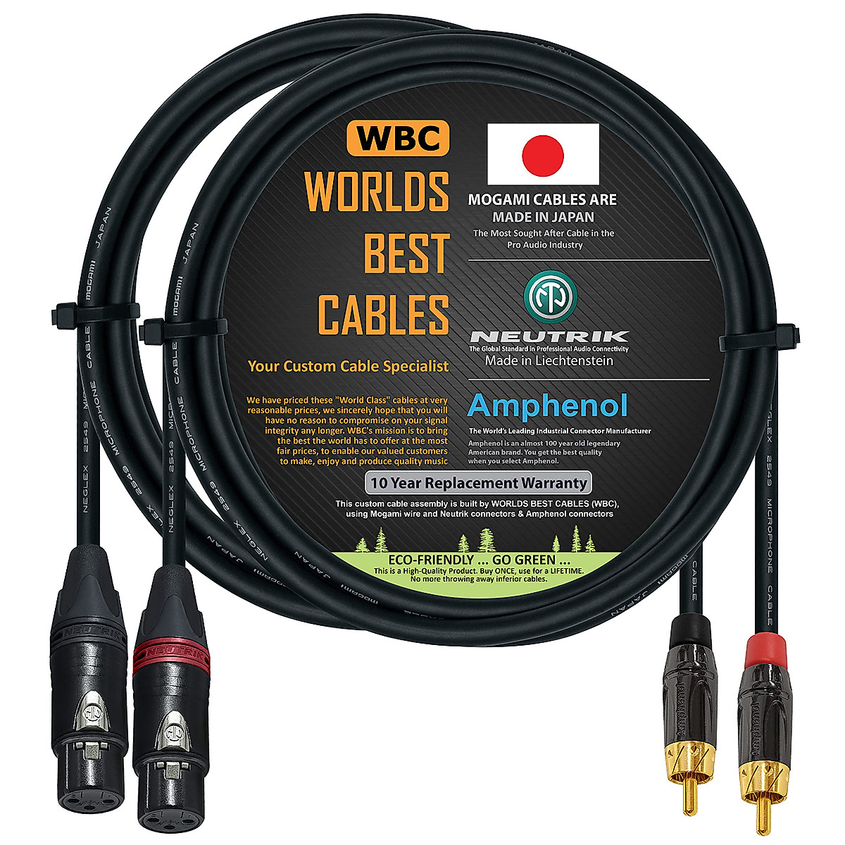 WORLDS BEST CABLES 3 Foot - RCA to XLR (Female) Cable Pair – Mogami 2549 Audio Interconnect Cable & Amphenol ACPL RCA & Neutrik Female XLR Gold Plugs - Custom Made
