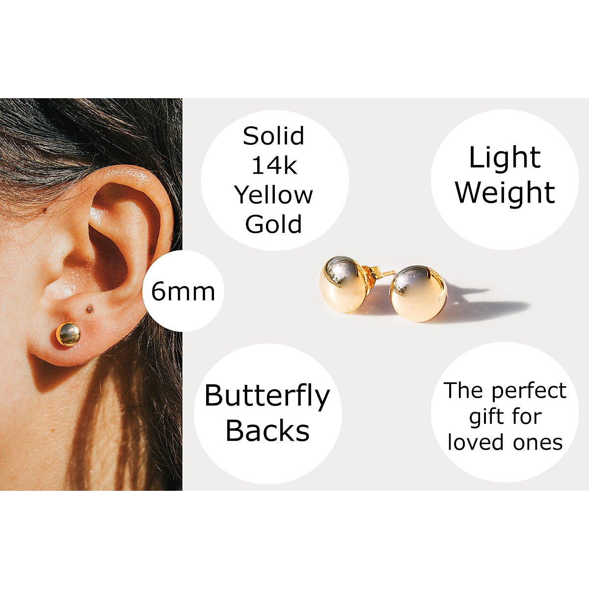 Silver Smile - 14K Solid Yellow Gold Ball Earrings for Women, Light Weight Studs, Attractive Butterfly Back Design, Ideal Gift for Loved Onces, Comes in 3mm/ 4mm/ 5mm/ 6mm/ 7mm/ 8mm