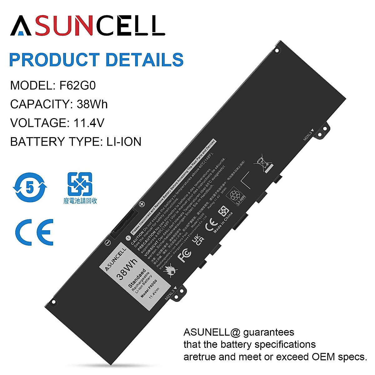ASUNCELL 38Wh F62G0 Battery for Dell Inspiron 13 7000 7373 7386 2 in 1 Series Vostro 13 5000 5370 13-5370 P83G P87G P91G Series F62GO 39DY5 RPJC3