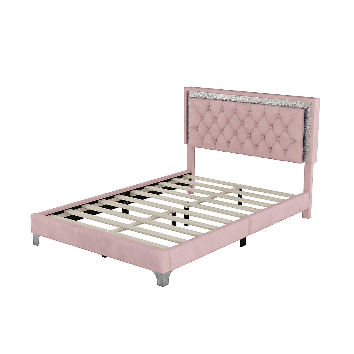 BEDGJH Upholstered Full Size Bed Frame with LED Lights, Modern Velvet Platform Bed with Tufted Headboard, Perfect for Kids Teens Girls & Boys Bedroom,No Box Spring Needed/Easy Assembly (Pink, Full)