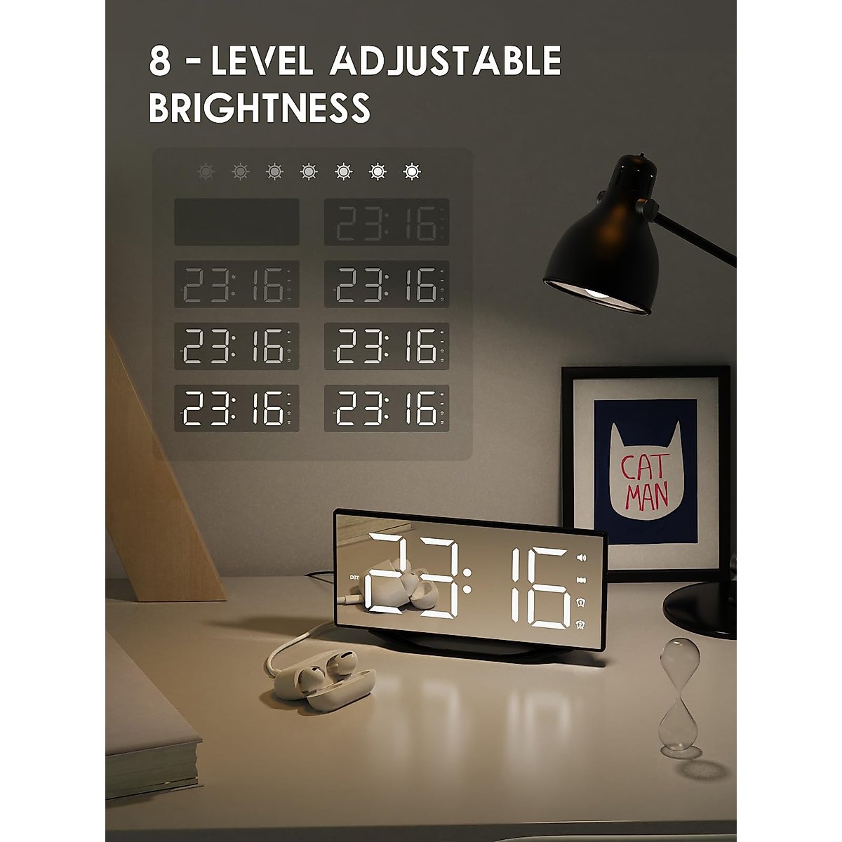 OnLyee Dual Extra Loud Alarm Clock for Heavy Sleepers, Vibrating Alarm Clock with Bed Shaker, 8.7" Large LED Mirror Display, USB Charger, Dimmer, Snooze & Battery Backup