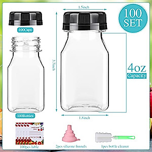 Potchen 100 Pcs 4 oz Empty Plastic Juice Bottles with Caps Mini Clear PET Water Reusable Drink Containers Lids for Juice, Smoothie, Milk, Tea and Homemade Beverages Labels, Funnels Brush