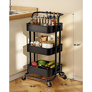 Pipishell 3 Tier Mesh Utility Cart, Rolling Metal Organization Cart with Handle and Lockable Wheels, Multifunctional Storage Shelves for Kitchen Living Room Office Black