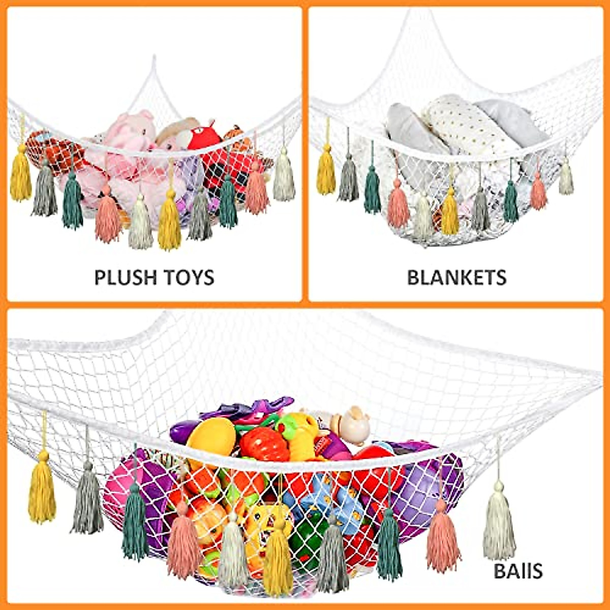 KOHUIJOO Stuffed Animal Hammock, Jumbo Stuffed Animal Net Corner Wall Hanging Toy Hammock with Tassels Kids Macrame Stuff Animals Organizer Storage Boho Mesh Toy Net Holder for Stuff Animals