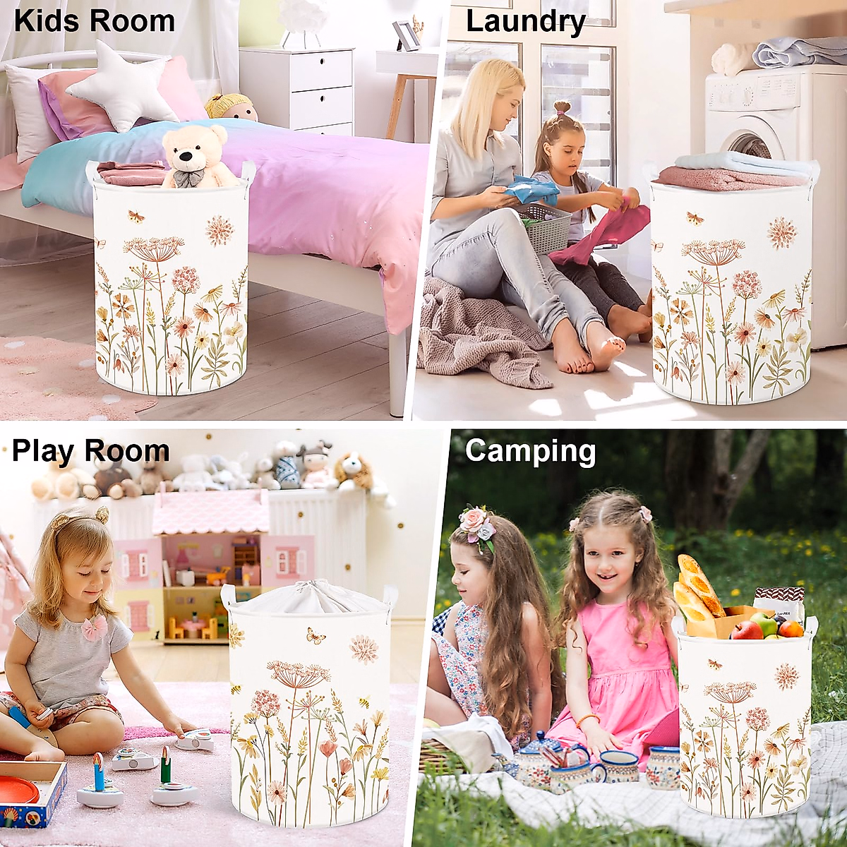 Clastyle 63L Large Boho Flower Plants Kid Laundry Hamper with Handle Girl Bedroom Bathroom Nursery Collapsible Clothes Toy Storage Basket with Lid