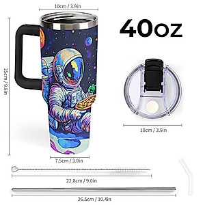 Astronaut Aliens Pizza Insulated Tumblers with Handle Stainless Steel Coffee Mug Funny Travel Cup with Lid Straw 40oz