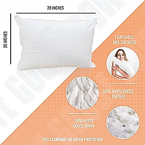 Continental Bedding - White Goose Feather Down Pillows - Standard Queen Size 20x28 Pillow Set of 2-100% Cotton Cover Soft Pillows - Best Down Feather Pillows for Side or Back Stomach Sleeper