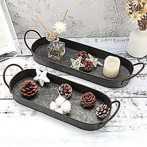 Hipiwe Set of 2 Galvanized Metal Iron Tray with Handles Oval Farmhouse Serving Tray Rustic Industrial Decorative Tray Centerpiece Tray for Coffee Table Weddings Home Decor