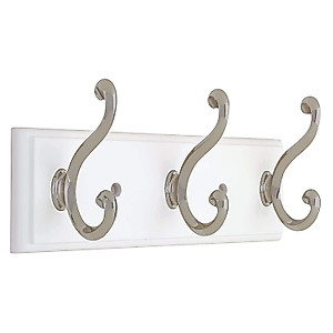 129854 Coat Rack, 10-Inch, Wall Mounted Coat Rack with 3 Decorative Hooks, Satin Nickel and White
