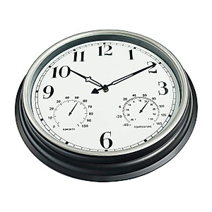 Rsobl 16 Inch Large Indoor Outdoor Wall Clock,Waterproof Non-Ticking Clock with Thermometer and Hygrometer Combo,Battery Operated Clock Wall Decorative- Silver