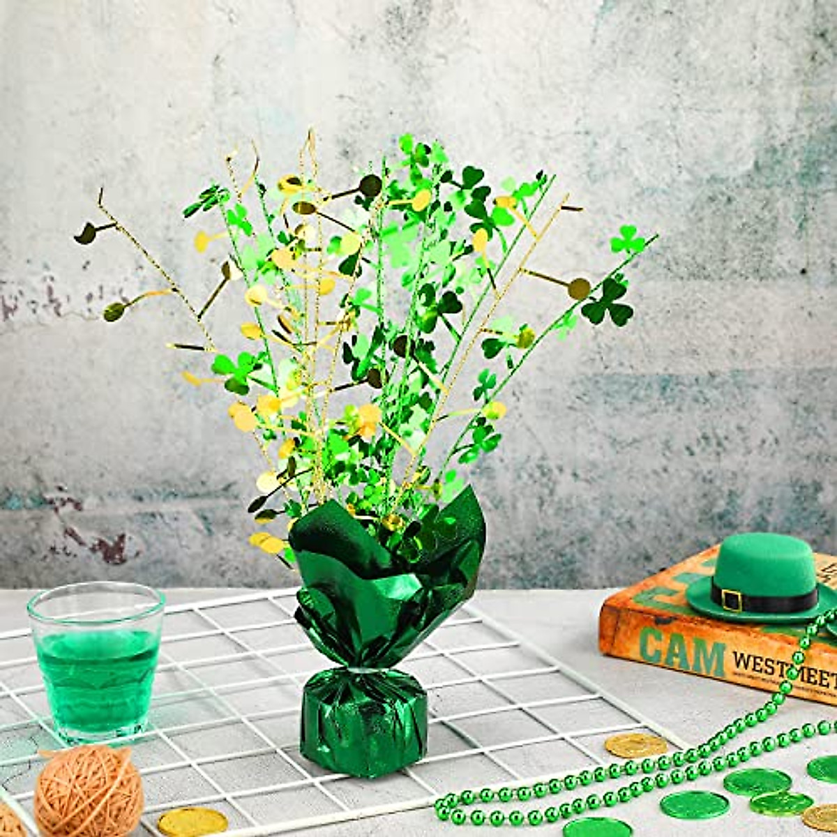 2 Pcs St. Patrick's Day Shamrock Spray Centerpieces Green and Gold Foil Shamrock Tabletop Party Decor for St Patrick's Day Home Classroom Party Table Accessory