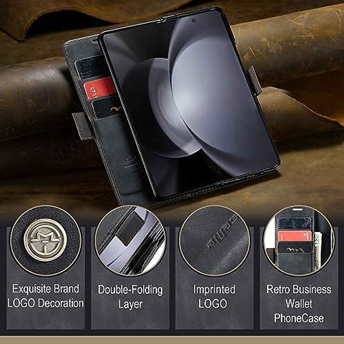 phone flip case Compatible with Samsung Galaxy Z Fold 5 Premium PU Leather Wallet Case, 2 in 1 Flip Magnetic Wallet Cover Case, Matte Soft Leather + TPU Bottom Shell Case W Card Holder+Money Pocket ph