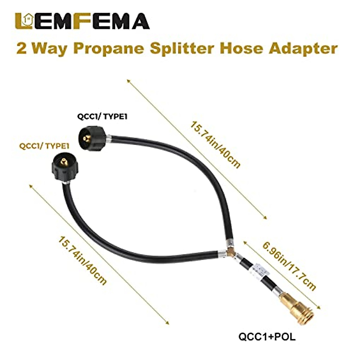 Lemfema Universal Y Type Splitter Propane Tank Converter Adapter Hose with Gauge, Two Way Qcc1/Type1 Inlet & POL/QCC1 Exit Propane Hose to Connect 5-40lb Tank for Grill, Heater, Fire Pit, Fireplaces