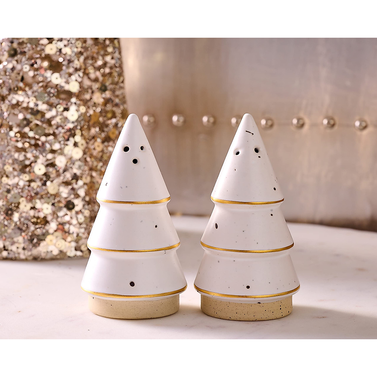 Mud Pie Stoneware Tree Salt and Pepper Set, Gold, 3 1/4" x 4" dia
