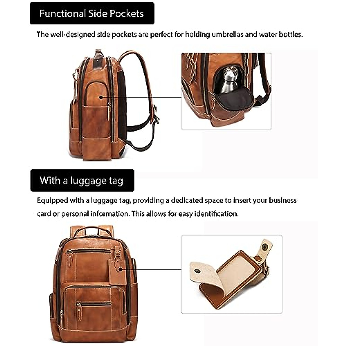 LANNSYNE Vintage Genuine Leather Backpack for Men, 15.6" Laptop Backpack Camping Travel 24L Rucksack