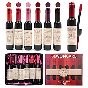 SOVONCARE 6 Color Wine Lip Tint, Matte Liquid Lipstick Waterproof Natural Lip Stains Set Long Lasting Wine Bottle Lip Gloss Makeup Gift Idea for Girls & Women