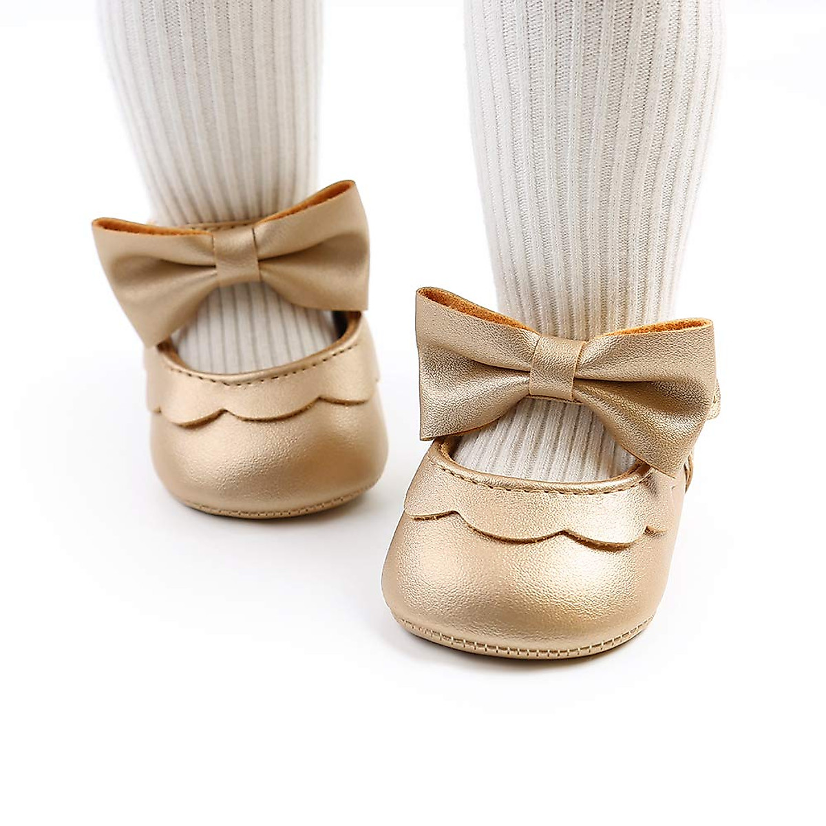 LAFEGEN Baby Girls Mary Jane Flats with Bownot Non Slip Soft Sole PU Leather Newborn Infant Toddler First Walker Cirb Dress Shoes, (07 Gold,0-6 Months Infant)