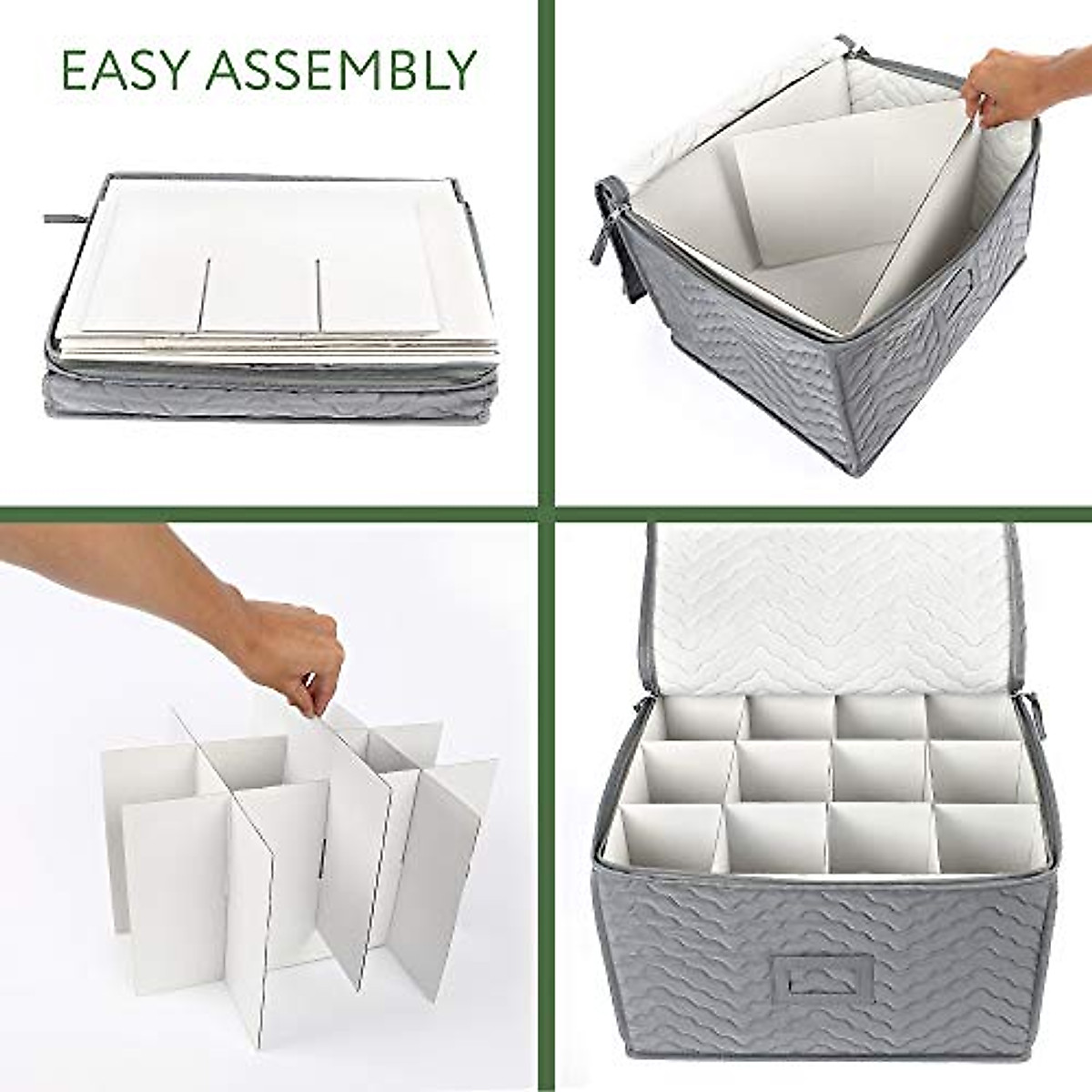 LotFancy Stemware Storage Container - Deluxe Quilted Storage Case with Dividers for 12 - Wine Glasses, Champagne Flutes, Glassware, Drinkware Storage Chest, 15.5”x12.5”x 10”, Gray