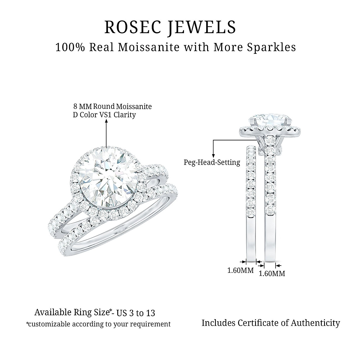 Certified Moissanite Diamond Wedding Ring Set, D-Vs1 Quality, Moissanite Bridal Ring Set (Ready to Gift), 14K White Gold, Size:US 12.00