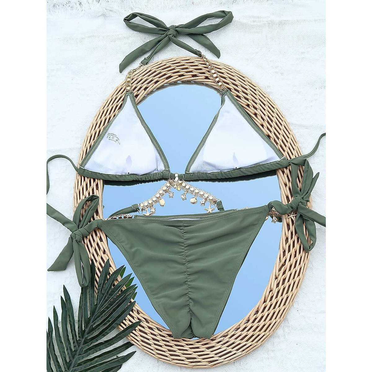 CHARTOU Women's Trendy 2 Piece Triangle Bikini Set Rhinestone Halter Bathing Suit Swimsuit (Small,Green2)