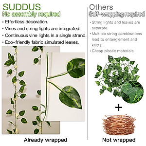 suddus Vine with Fairy Lights Battery Operated, 33ft100 LED Pothos String Lights with Remote, Leaf Lights for Bedroom, Room, Wall, Garden, Party, Wedding Decor(Warm White)