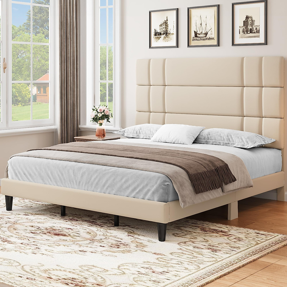 YITAHOME King Bed Frame Linen Fabric Upholstered Platform with Headboard and Strong Wooden Slats, Non-Slip and Noise-Free,No Box Spring Needed, Easy Assembly,Beige