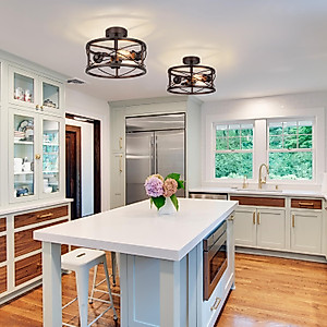 SunRider Industrial 3-Light Semi Flush Mount Ceiling Light, Bronze Farmhouse Lighting Fixture with Metal Cage, Retro Pendant Lamp for Hallway Kitchen