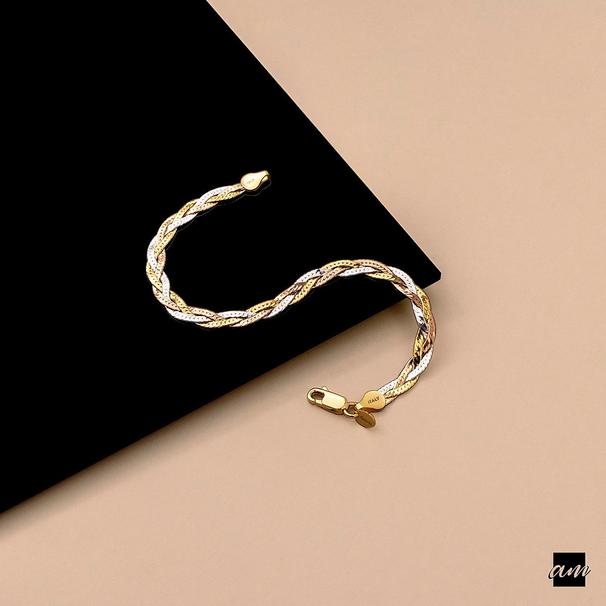 Amberta Women's 925 Sterling Silver Braided Herringbone Chain Bracelet (Length 7.5 inch): Multicoloured