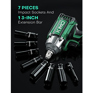KIMO Impact Wrench 1/2 Cordless,475N.m/350ft-lbs Max Torque & 3000RPM, 2x20V 3.0Ah Battery, Impact Gun with 7 Drive Impact Sockets, 3 Inch Extension Bar, 1 Hour Fast Charger Impact Drill for Car Tires