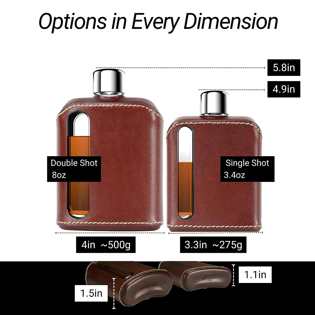 Ragproper Modern Glass Hip Flask - Durable Leather Covered Flask for Whiskey, Spirits, & Other Liquor - Ideal Glass Flask for Men & Women (Single Shot 100ml, Leather Dark Brown)
