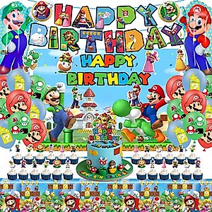 Mario Party Supplies Birthday Party Favors Super Mario Bros Birthday Decorations Include Banners, Backdrop,Tablecloth, Balloons, Cake Decoration, Cupcake Toppers, Hanging Swirls