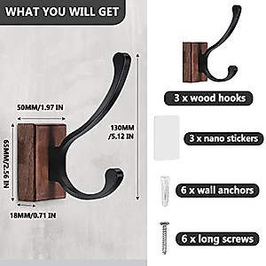Wood Wall Hooks, 3 Pack Wall Hooks Heavy Duty, Rustic Wood Hooks Wall Mounted, Wall Hooks for Hanging Coat, Towel, Keys, Hat, Umbrella, Bag, Rag and Kitchen Utensils