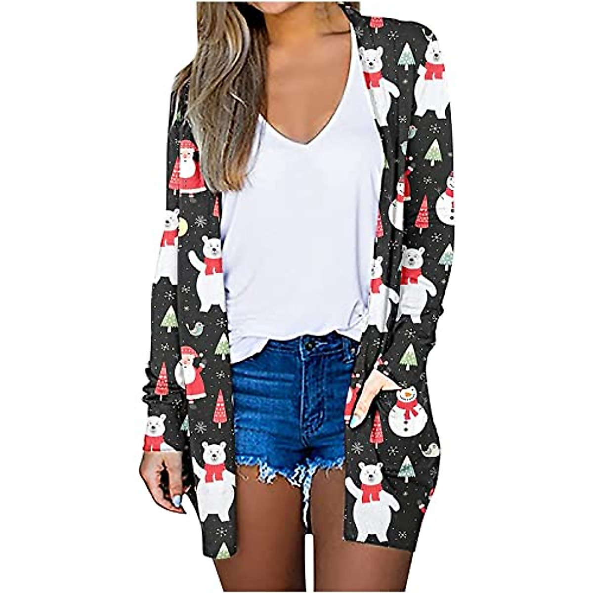 Ugly Christmas Sweaters for Women 2023 Plus Size Casual Fashion Fall Winter Lightweight Cardigan Long Sleeve Open Front Funny Christmas Tops Graphic Holiday Party Shirts Outfits Clothes Black 4XL
