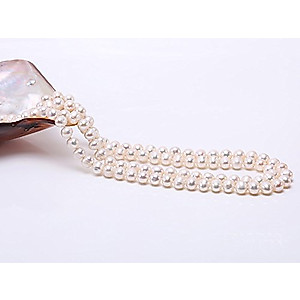 JYX Pearl Long Strand Necklace Natural White 8mm Flat Round Freshwater Cultured Pearl Necklace Endless Sweater Necklace 64"