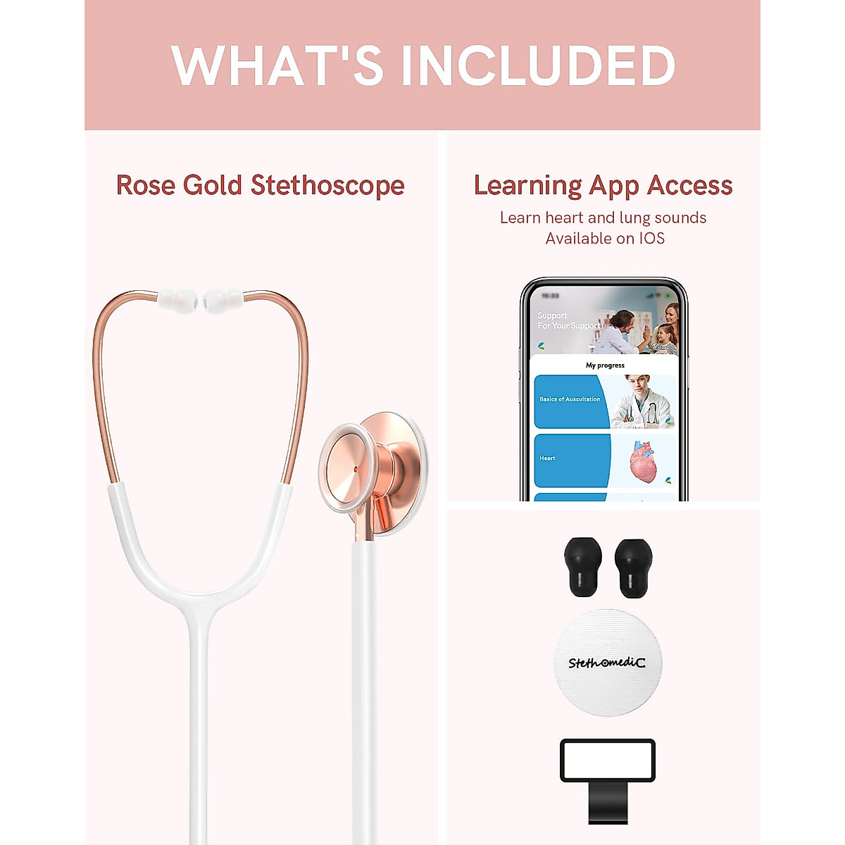 FriCARE Rose Gold Stethoscope - Gorgeous Stethoscopes for Nurses, RN, Nursing School Students - Dual Head Estetoscopio for Professionals, StethoMedic Essentials, Nurses Day Gift, White Tubing, 29 inch