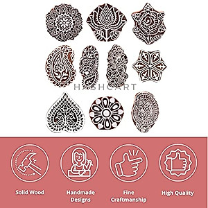 Hashcart® Wooden Pottery Stamps for Block Printing - Handcarved Indian Textile Printing Blocks Set of 10, Wooden Clay Pottery Stamps for Crafting on Fabric, Card & Henna Stamps
