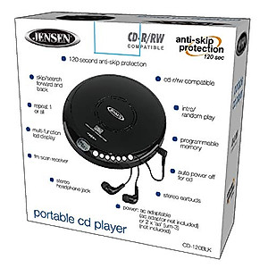Jensen Portable CD-120BK Portable Personal CD Player Compact 120 SEC Anti-Skip CD Player – Lightweight & Shockproof Music Disc Player & FM Radio Pro-Earbuds for Kids & Adults