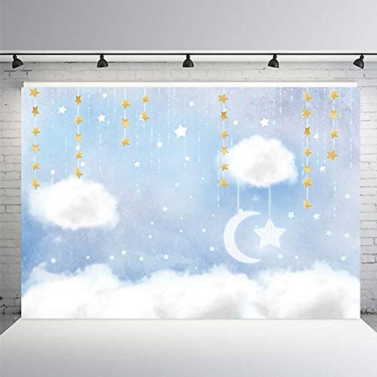 MEHOFOTO Blue and White Cloud Photo Studio Backdrop Props Prince Birthday Boy Baby Shower Party Decorations Hanging Gold Stars Twinkle Twinkle Little Stars Photography Background Banner 7x5ft