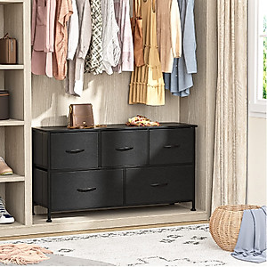 Furmax Dresser for Bedroom with 5 Drawers, Wide Chest of Drawers, Fabric Closet Dresser, Clothing Storage Organizer Unit with Fabric Bins, for Closet, TV Stand, Living Room, Hallway, Black
