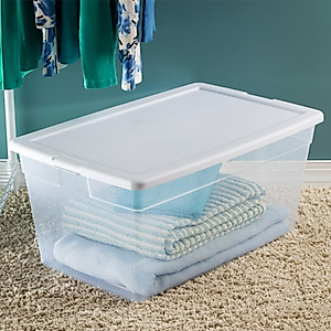 Sterilite 90 Qt Storage Box, Stackable Bin with Lid, Plastic Container to Organize Clothes, Blankets, Towels in Closet, Clear with White Lid, ‎29.75"L x 13.5"W x 18.75"H, 4-Pack
