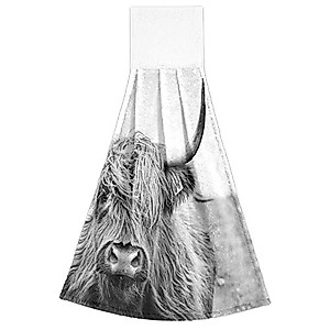 Qilmy Hand Towels Set of 2, Absorbent Hanging Towels with Loop & Hook, Dishcloths Wash Cloth for Kitchen Bathroom, Highland Cow