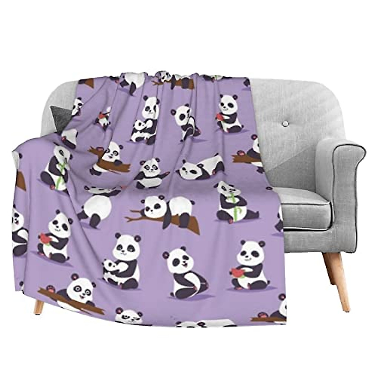 Kiuloam Cute Pandas on Purple Soft Throw Blanket 40"x50" Lightweight Flannel Fleece Blanket for Couch Bed Sofa Travelling Camping for Kids Adults