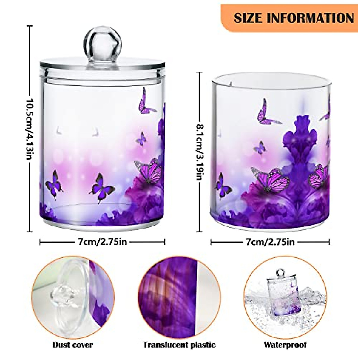 ALAZA 2 Pack Qtip Holder Dispenser Purple Butterflies Flowers Hydrangeas Iris Bathroom Organizer Canisters for Cotton Balls/Swabs/Pads/Floss,Plastic Apothecary Jars for Vanity