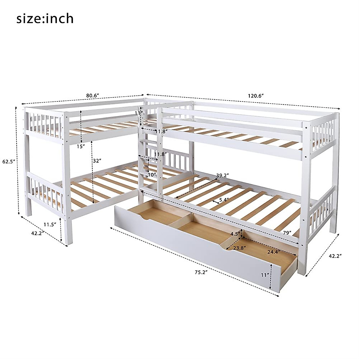 L-Shaped Bunk Bed with Drawers, Wood Twin Over Twin Bunk Beds with Drawers for Kids, Teens, Adults (White)