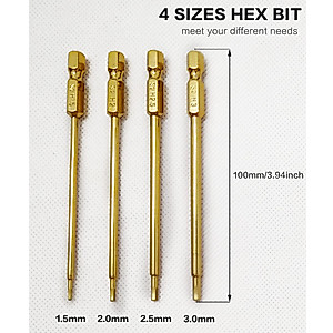VICRAZZE RC Hex Bit Set 1.5, 2.0, 2.5 & 3.0mm Hex Head Allen Wrench Drill Bit S2 Steel 1/4" Hex Shank 100mm Long for Screwdrivers Bit Electric Screwgun Power Drill RC Repair Working Tools